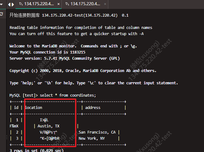 [Bug] WEB CLI 和 WEB GUI 连数据库，字段类型为地理坐标location时显示乱码 · Issue #12114 · jumpserver/jumpserver · GitHub