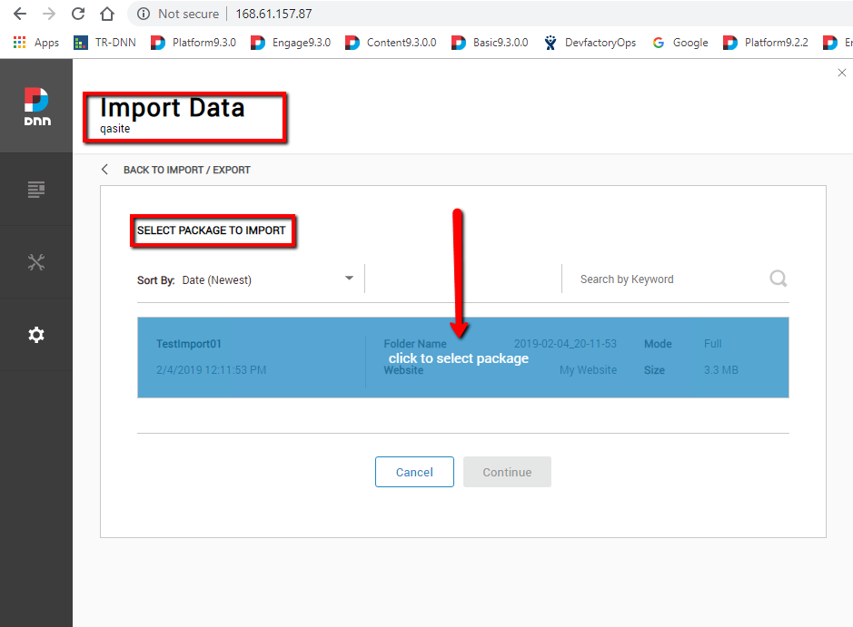 Dnn Platform Rc1 Importexport User Is Unable To Select Export Package On Import Data Screen