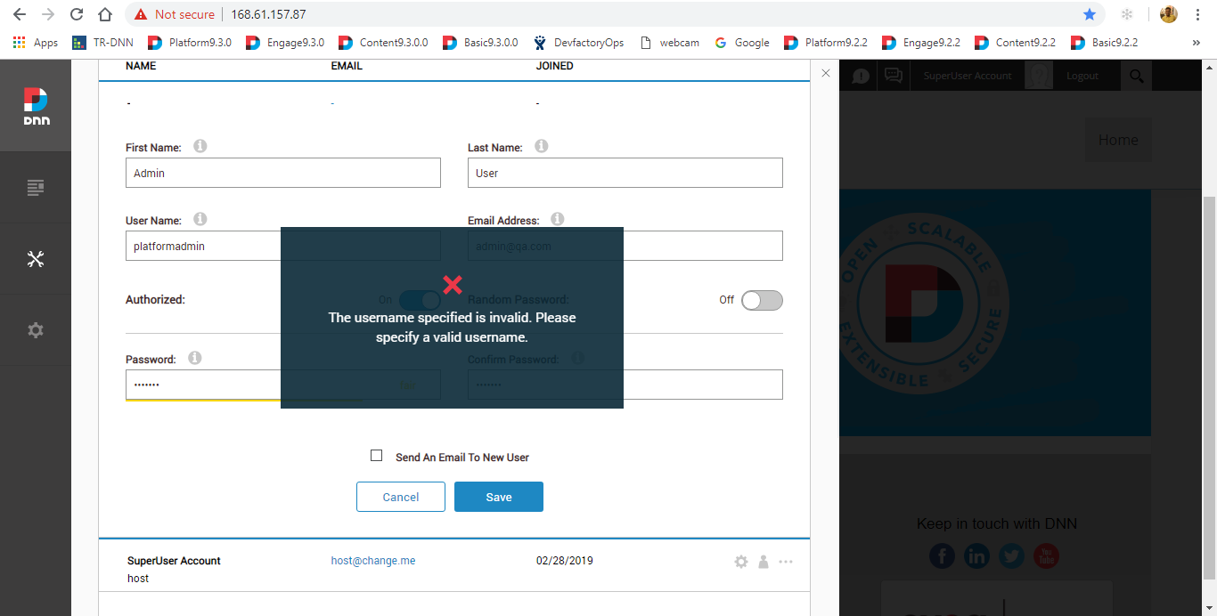 DNN Platform RC2 > Persona Bar > Manage > Users>Add User throwing error messages · Issue #420 ...