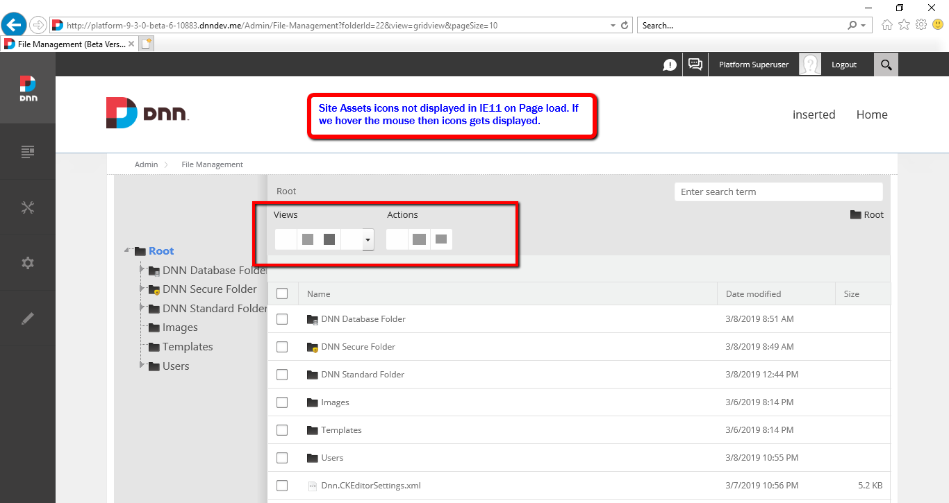 DNN Platform RC2 > Persona Bar > Manage > Site Assets > Icons not displayed on page load in IE11 ...