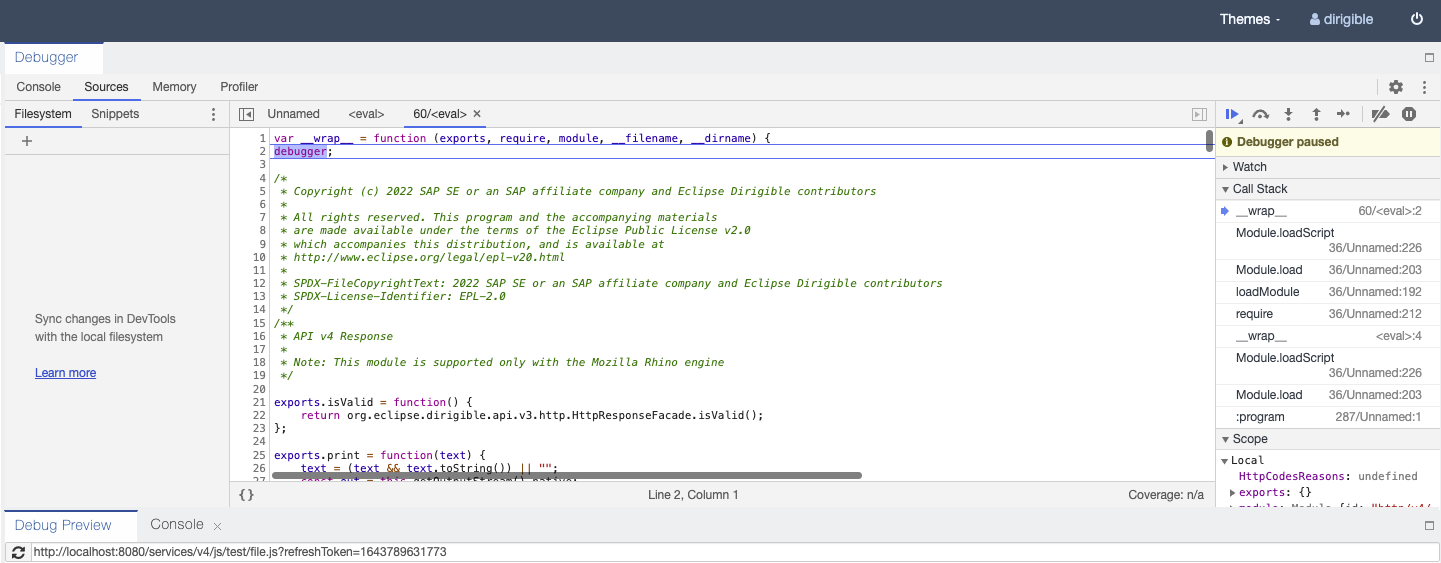 [IDE] Debugger - JS files debugging is weird · Issue #1539 · eclipse-dirigible/dirigible · GitHub
