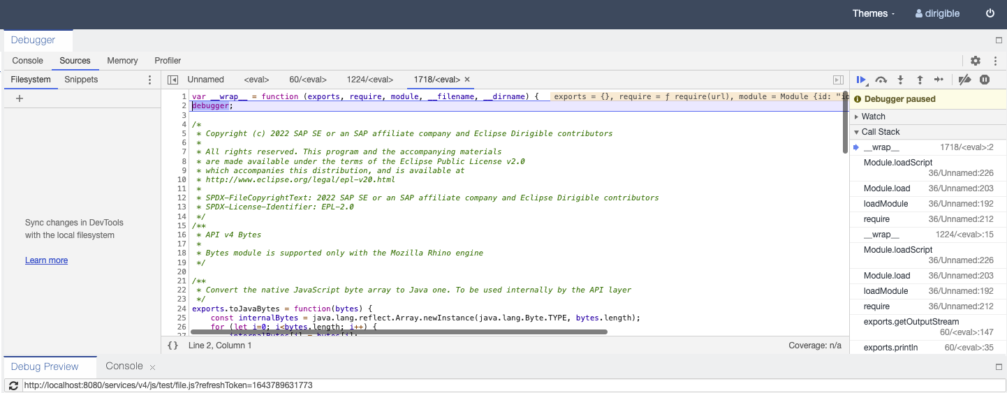 [IDE] Debugger - JS files debugging is weird · Issue #1539 · eclipse-dirigible/dirigible · GitHub