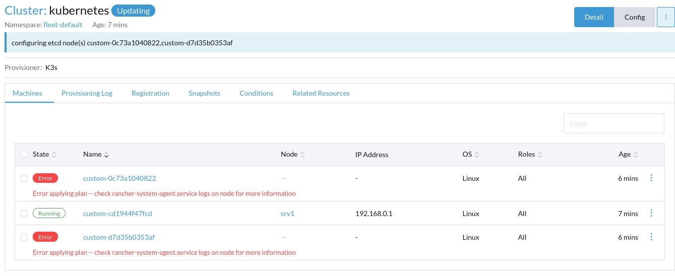 [BUG] Errors in k3s clusters during provisioning but cluster comes up Active · Issue #39109 ...
