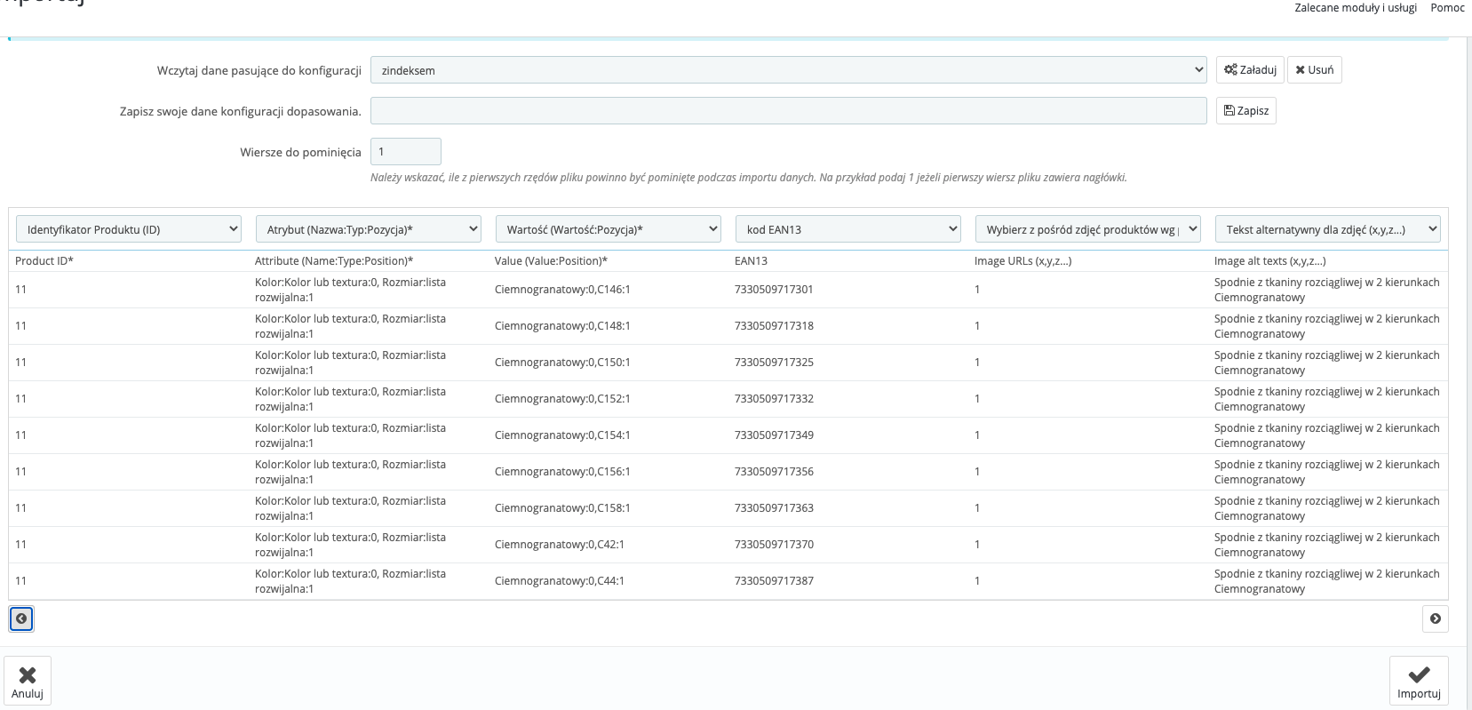 Unable to import combinations sizes with the same reference (index) it ...