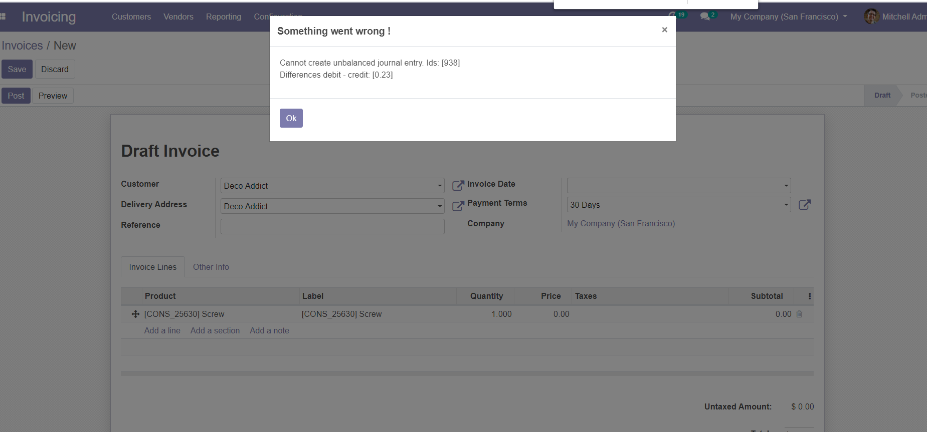 [13.0] account_invoice: Error while creating a free invoice · Issue #44687 · odoo/odoo · GitHub