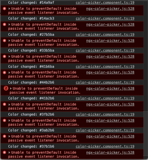 ngx-color-picker.js:528 Unable to preventDefault inside passive event ... ngx-color-picker.js:528 Unable to preventDefault inside passive event ...