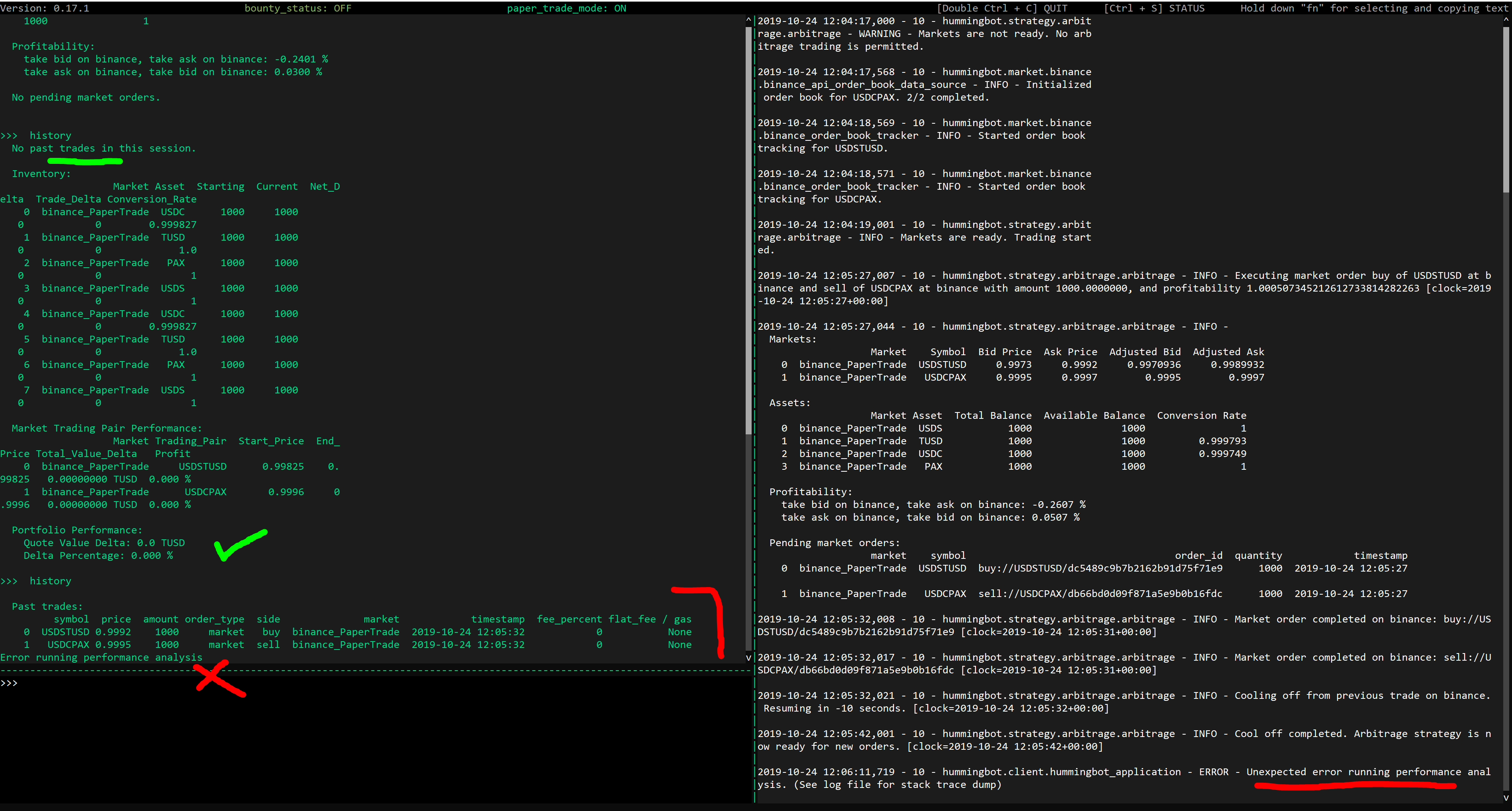 [BUG] Error running performance analysis while in paper trade arbitrage ...
