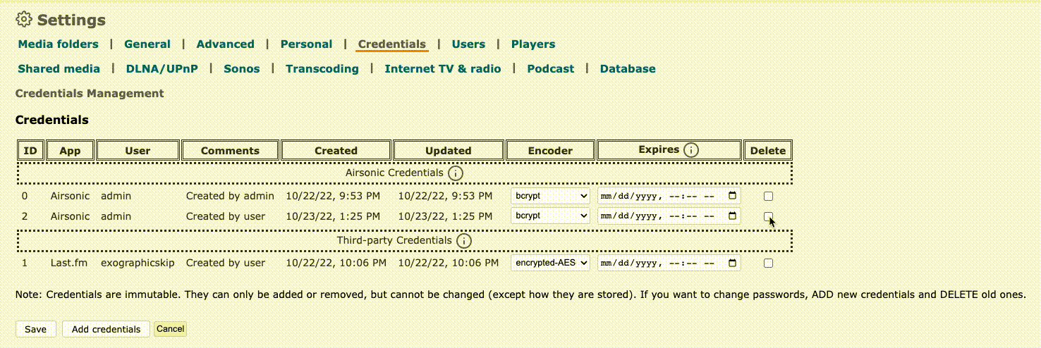 UI is counterintuitive for removing credentials · Issue #958 · airsonic-advanced/airsonic ...