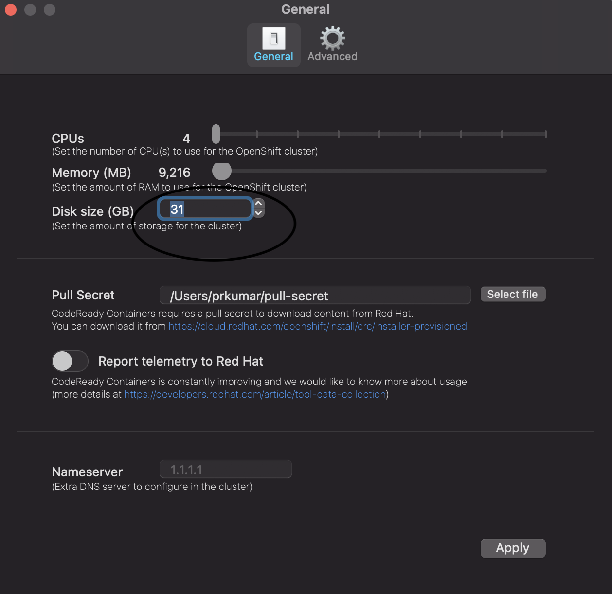 Default highlight on Disk size even you change cpu/memory from preference · Issue #63 · crc-org ...