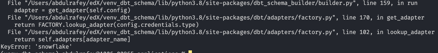 [CT-2849] [Bug] Giving key error snowflake · Issue #8154 · dbt-labs/dbt-core · GitHub