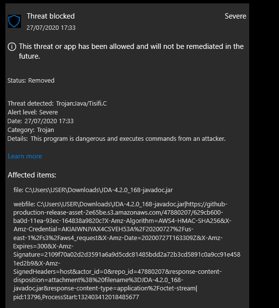 Windows deffender blocking the file due to a trojan being detected · Issue #1352 · discord-jda ...
