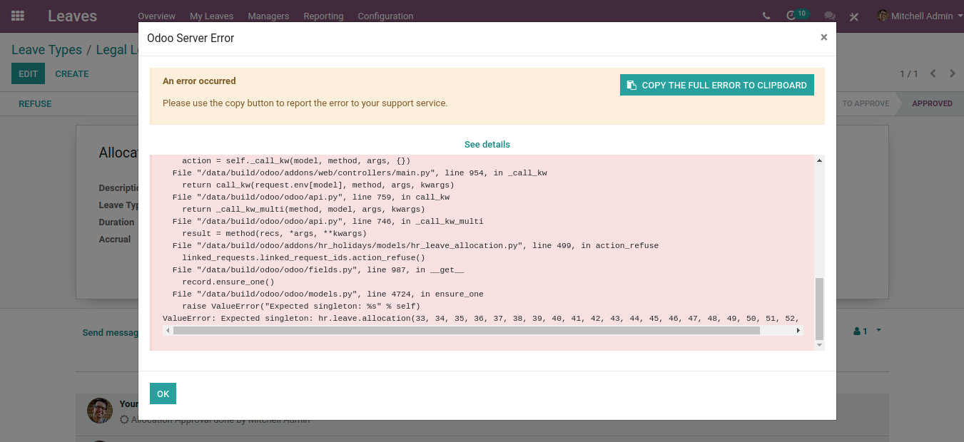 Refuse Leave Allocation will raise singleton error · Issue #39688 · odoo/odoo · GitHub