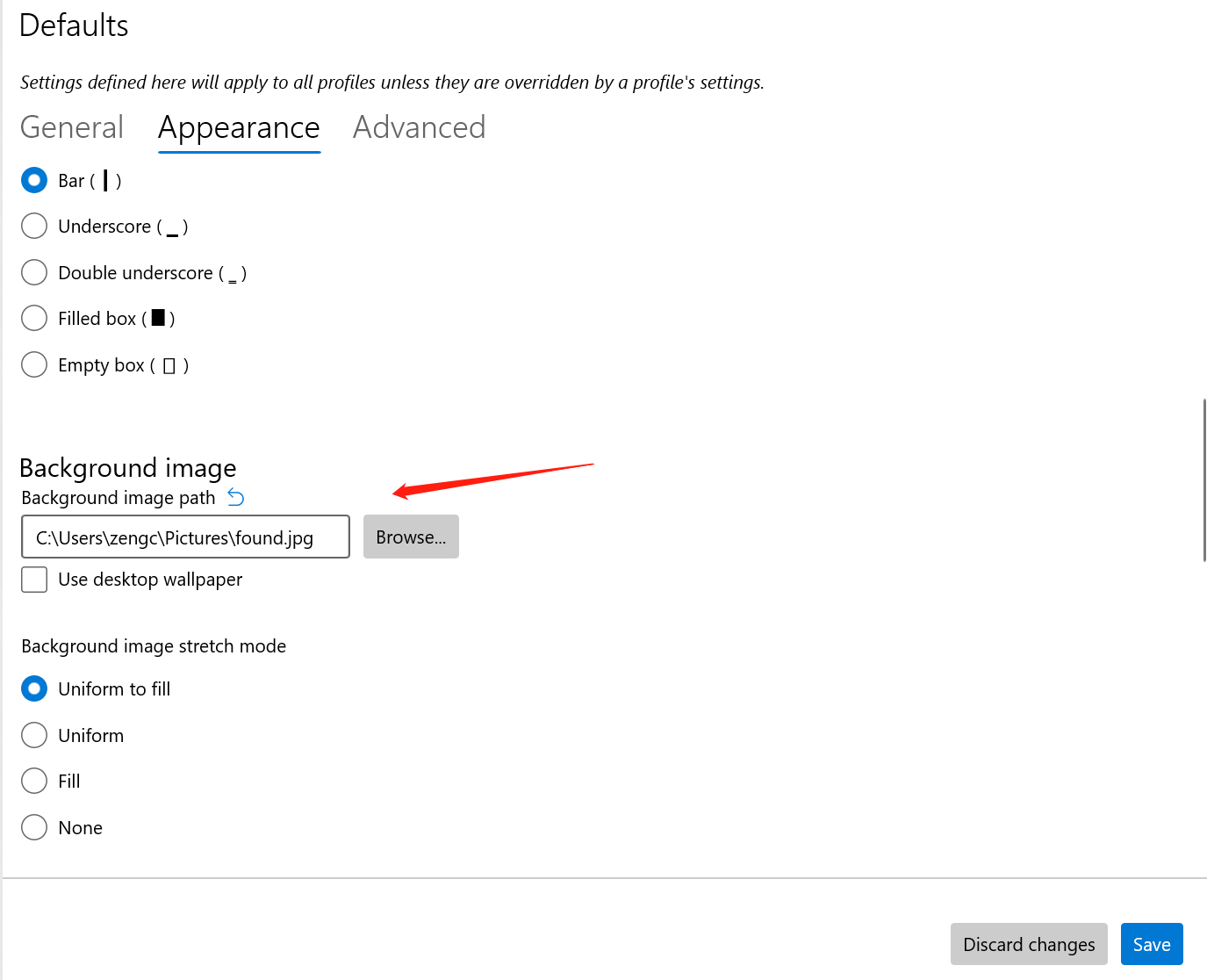 The terminal window resizing doesn't work when I select the image as ...