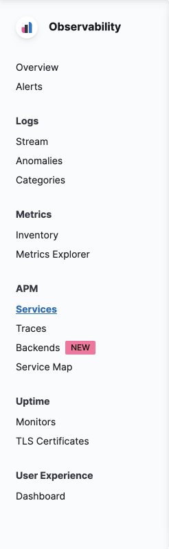 Apm Backends Ui Show New Badge In The Observability Solution Nav For The New Backends View