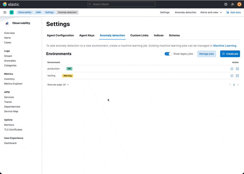 [APM] Anomaly detection: Clicking on the status badge `warning` for an ML job will go to the ...