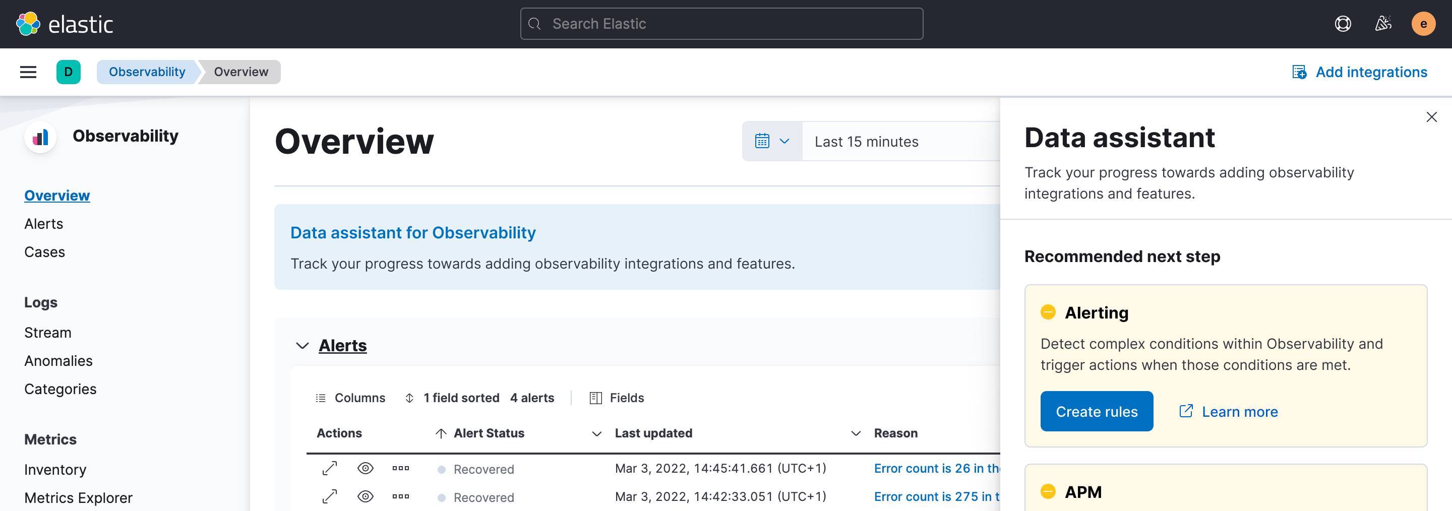 [Observability] Overview: Rename "Guided setup" button and flyout title to "Data assistant ...