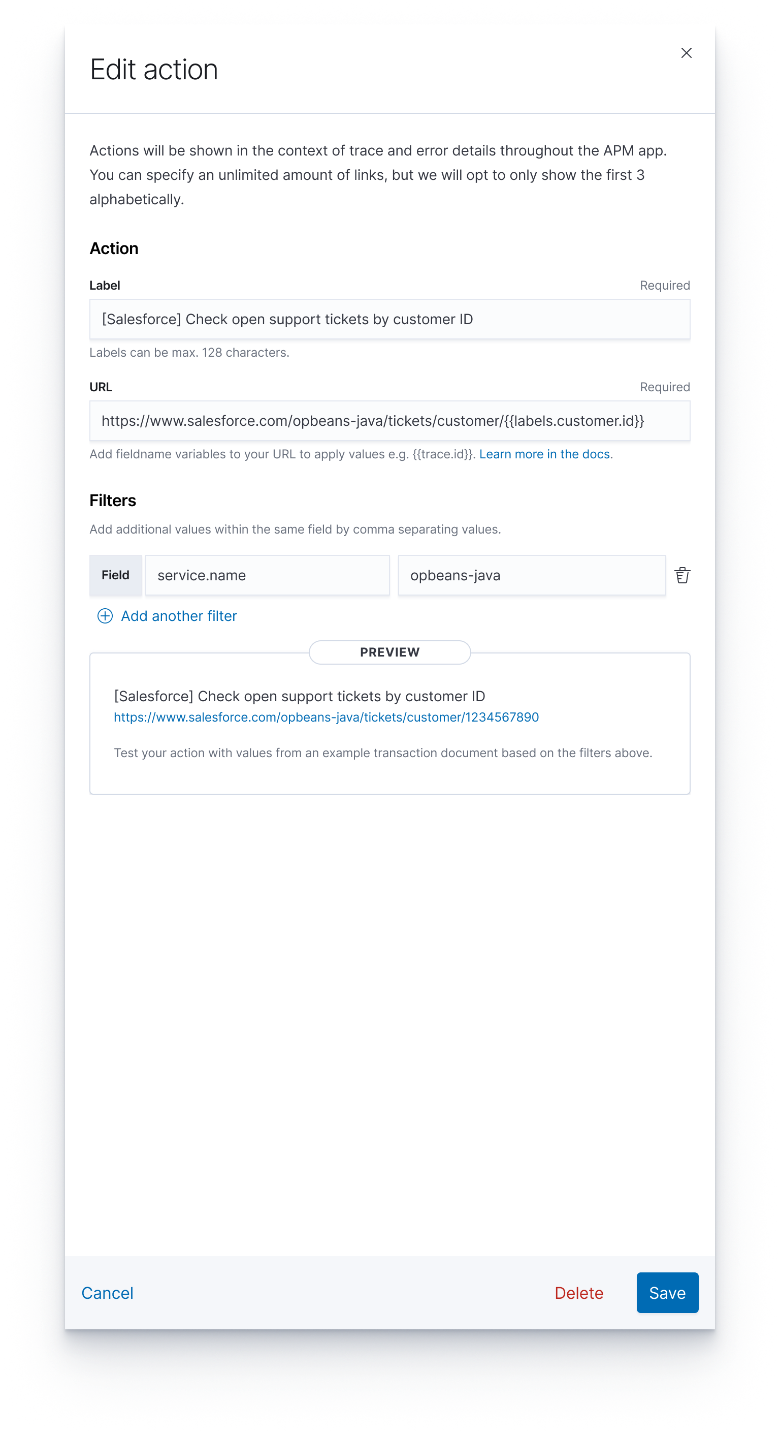 [APM] Custom links: Show option to check link and possibly show example values from variables ...