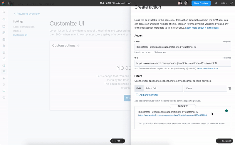 [APM] Custom links: Show option to check link and possibly show example values from variables ...
