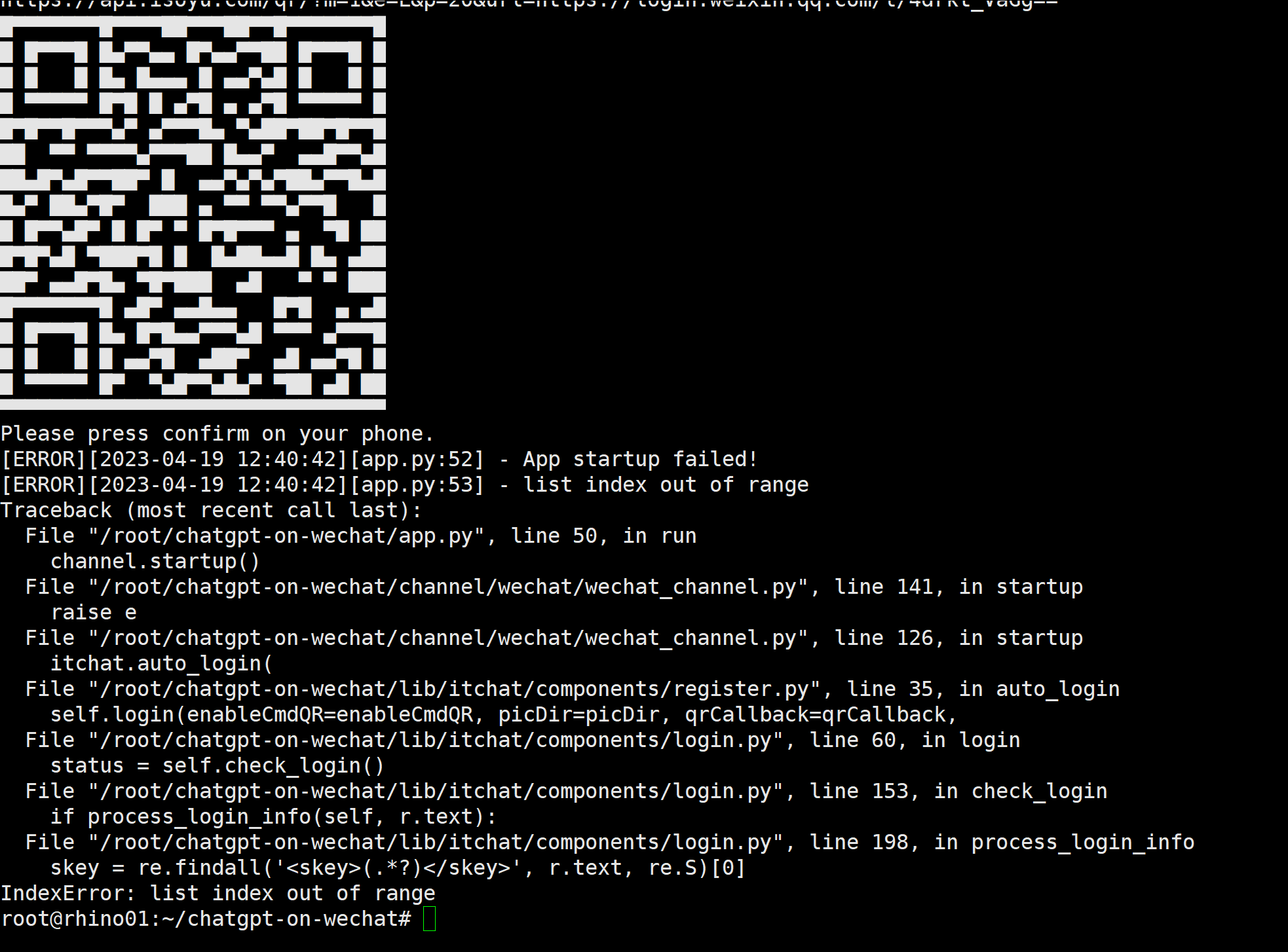 扫码登入是出现出错误“App startup failed!” · Issue #897 · zhayujie/chatgpt-on-wechat · GitHub
