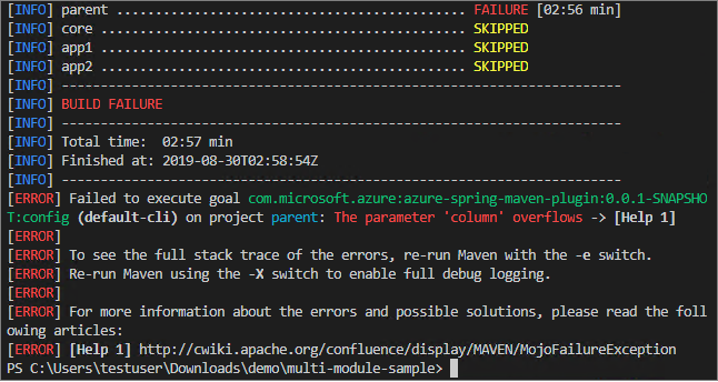 The parameter 'column' overflows when run azure-spring:config goal in multiple project · Issue ...