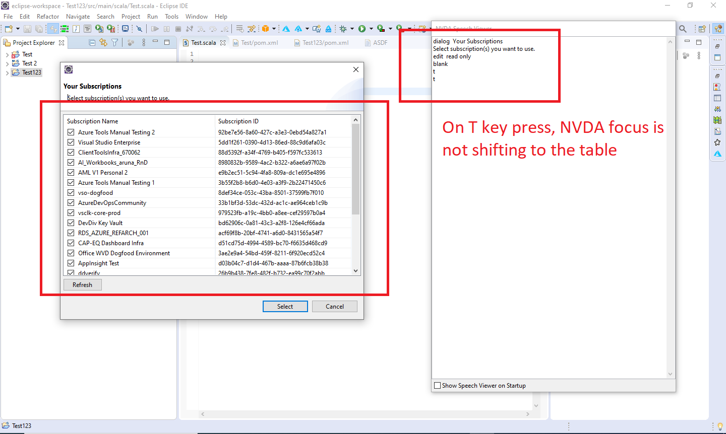 [Accessibility]A11y_Java Tooling for IntelliJ/Eclipse_Your Subscriptions_Screen Reader: On T key ...