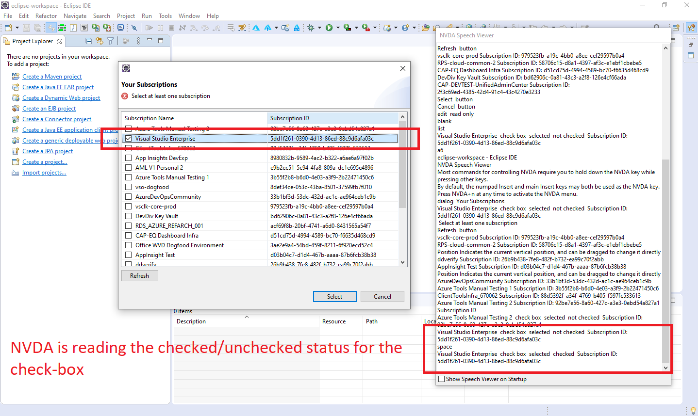 [Accessibility]A11y_Java Tooling for IntelliJ/Eclipse_Your Subscriptions_Screen Reader: Narrator ...
