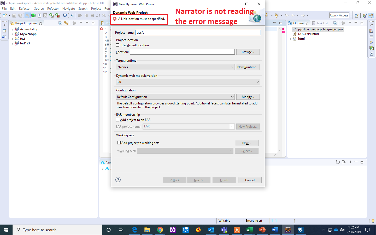 [Accessibility]A11y_ Java Tooling for IntelliJ/Eclipse_ Eclipse Azure Sign In_Screen Reader ...