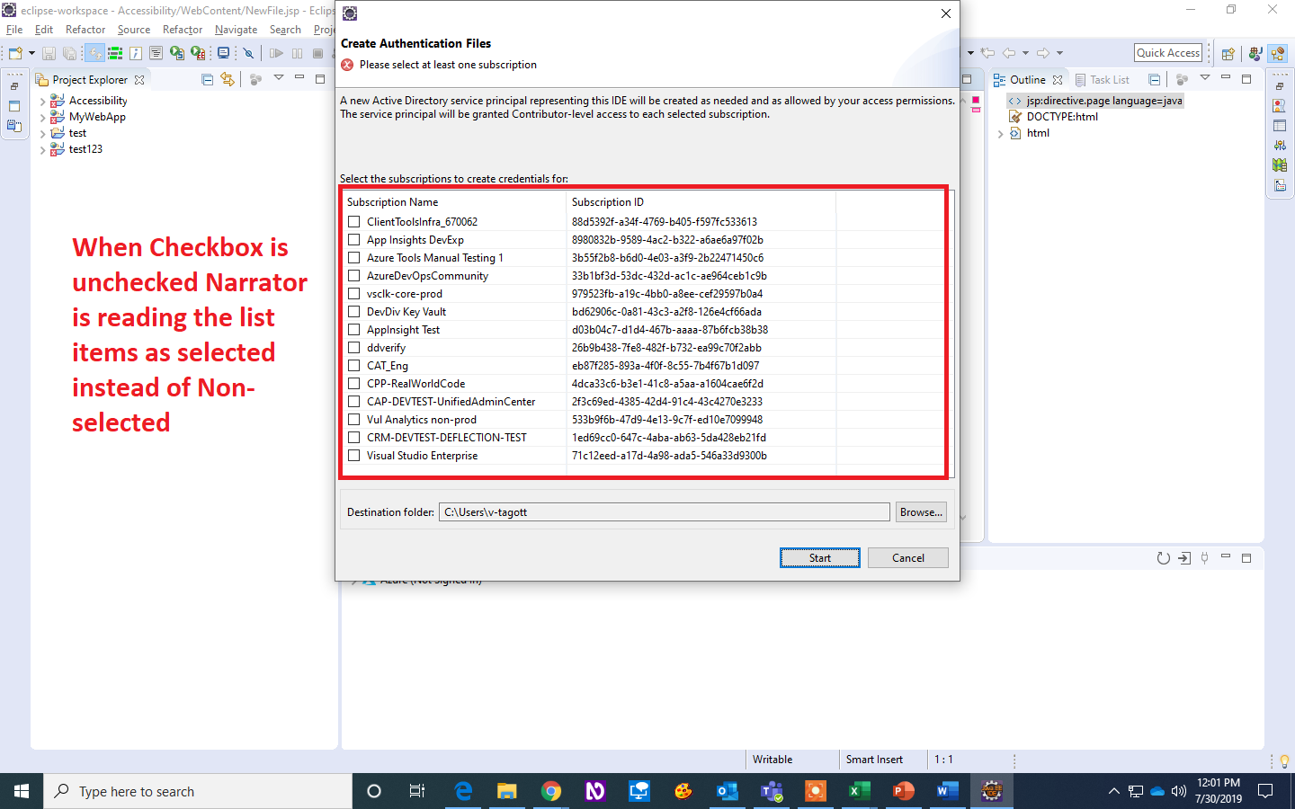 [Accessibility]A11y_ Java Tooling for IntelliJ/Eclipse_Eclipse Select Subscriptions_Screen ...