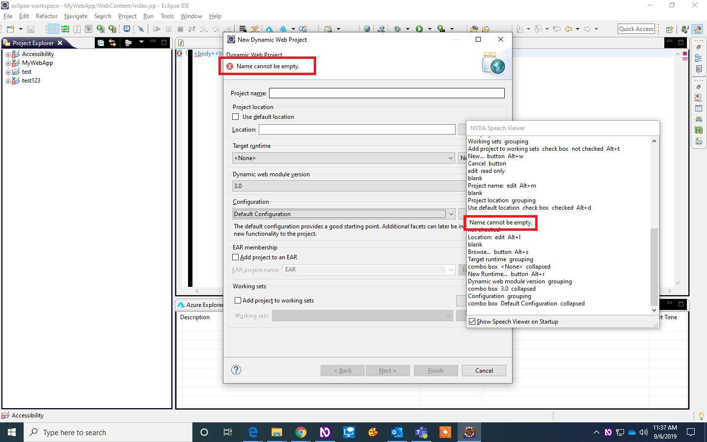 [Accessibility]A11y_ Java Tooling for IntelliJ/Eclipse_ Eclipse Azure Sign In_Screen Reader ...