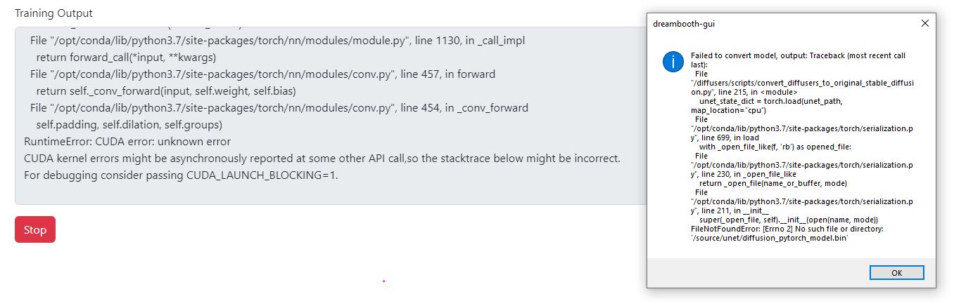 Failed to convert model: "CUDA error: unknown error" · Issue #48 · smy20011/dreambooth-gui · GitHub