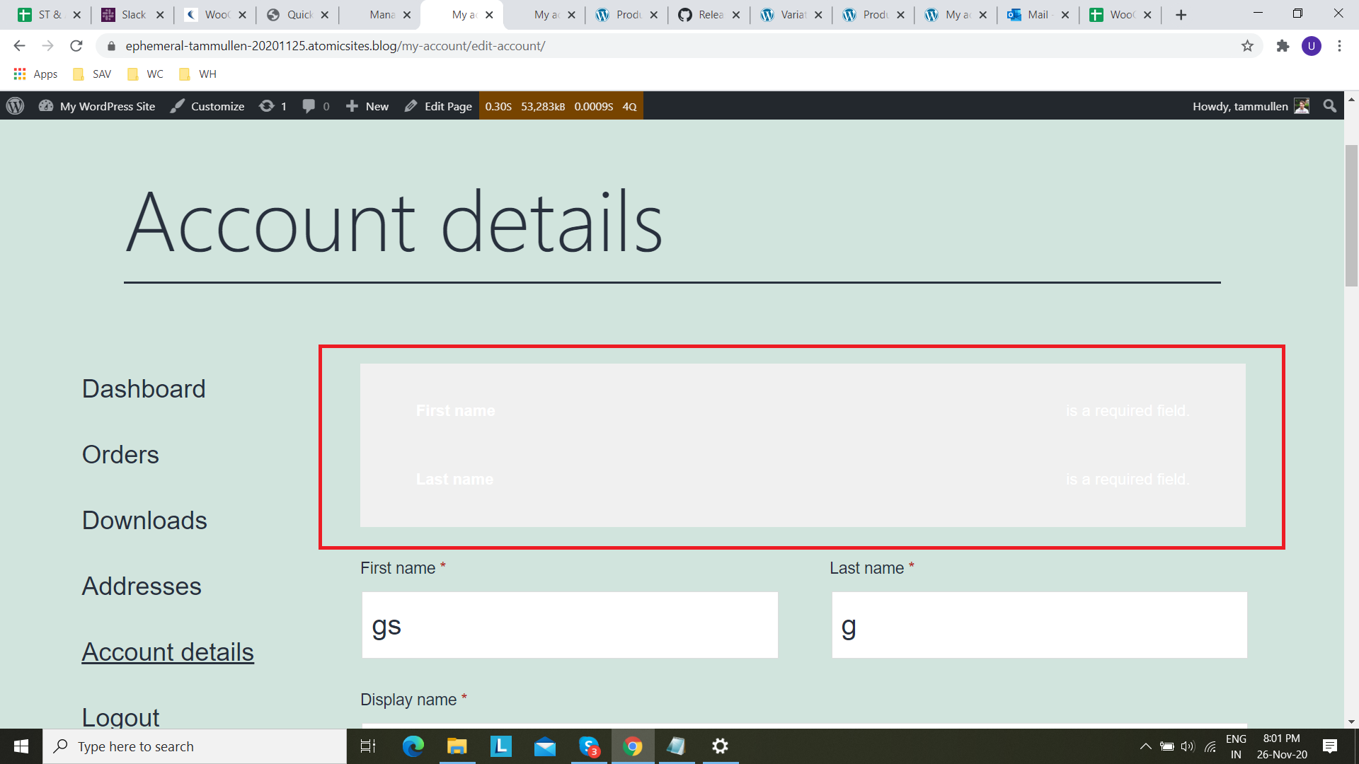 [GlobalStep - WooCommerce 4.8 RC 1] For "Twenty Twenty One" theme validation messages on Account ...