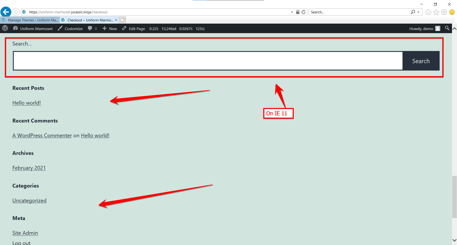 [GlobalStep] [IE 11] For "Twenty Twenty One" theme, Footer section appears misaligned · Issue ...