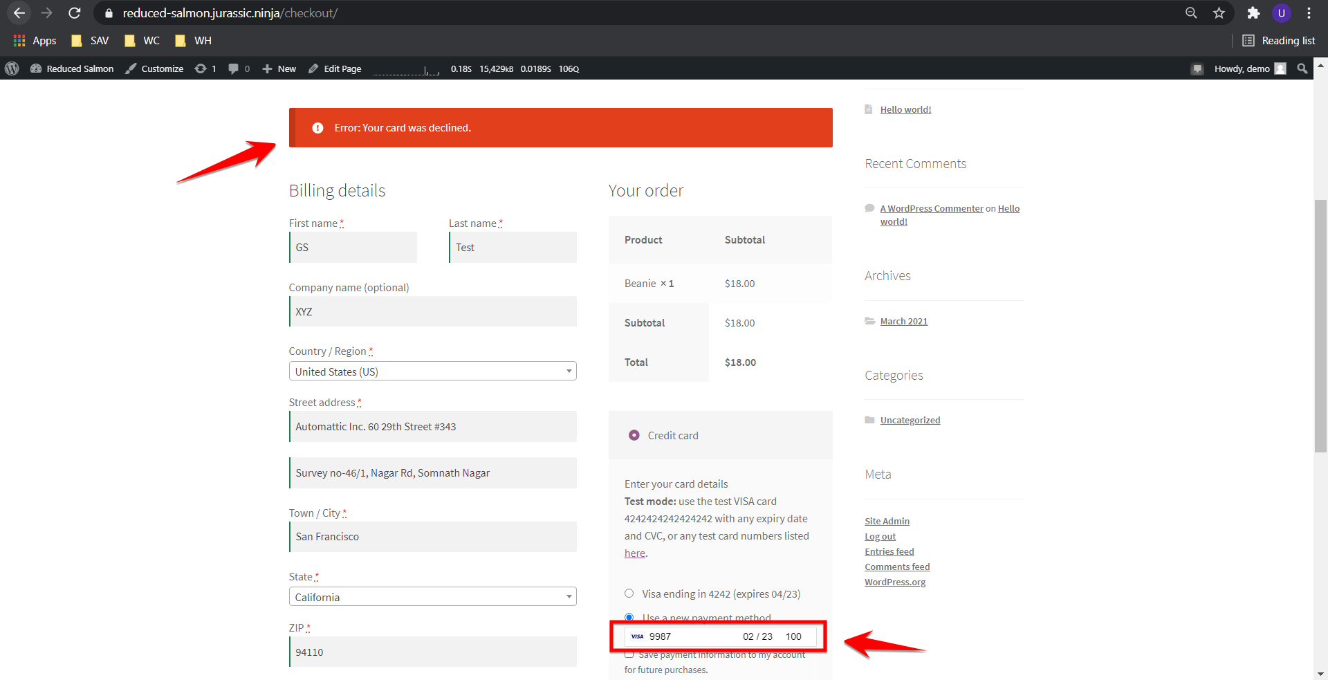 [Globalstep-WooCommerce payments] Payment declined response for "Lost card" and "Stolen card ...