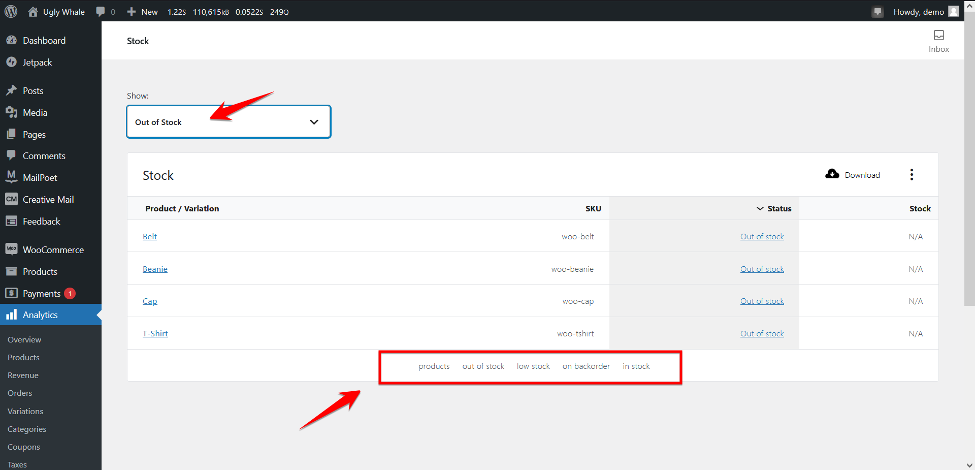 [GlobalStep] Total count fails to display for stock filters on "Analytics->Stock" screen ...
