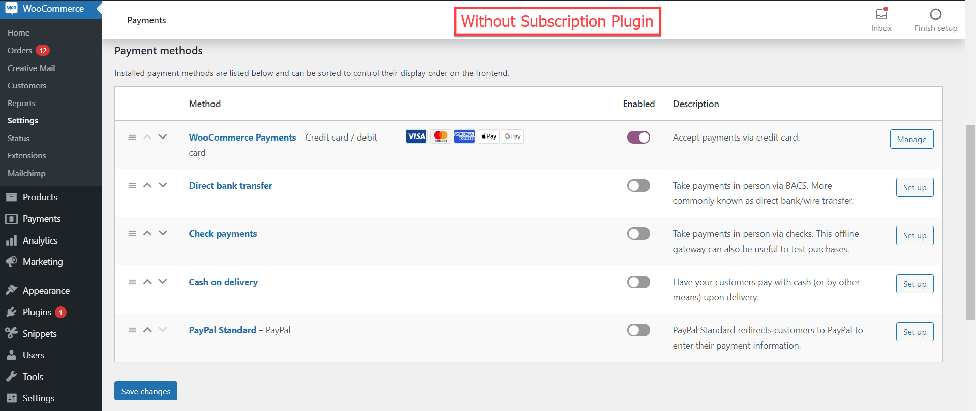 [GlobalStep] "All Payment methods" page content appears misaligned when "WooCommerce ...