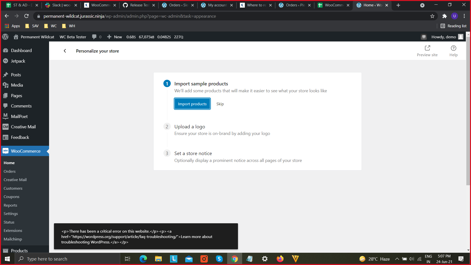 [GlobalStep] "There has been a critical error on this website" error message is displayed upon ...