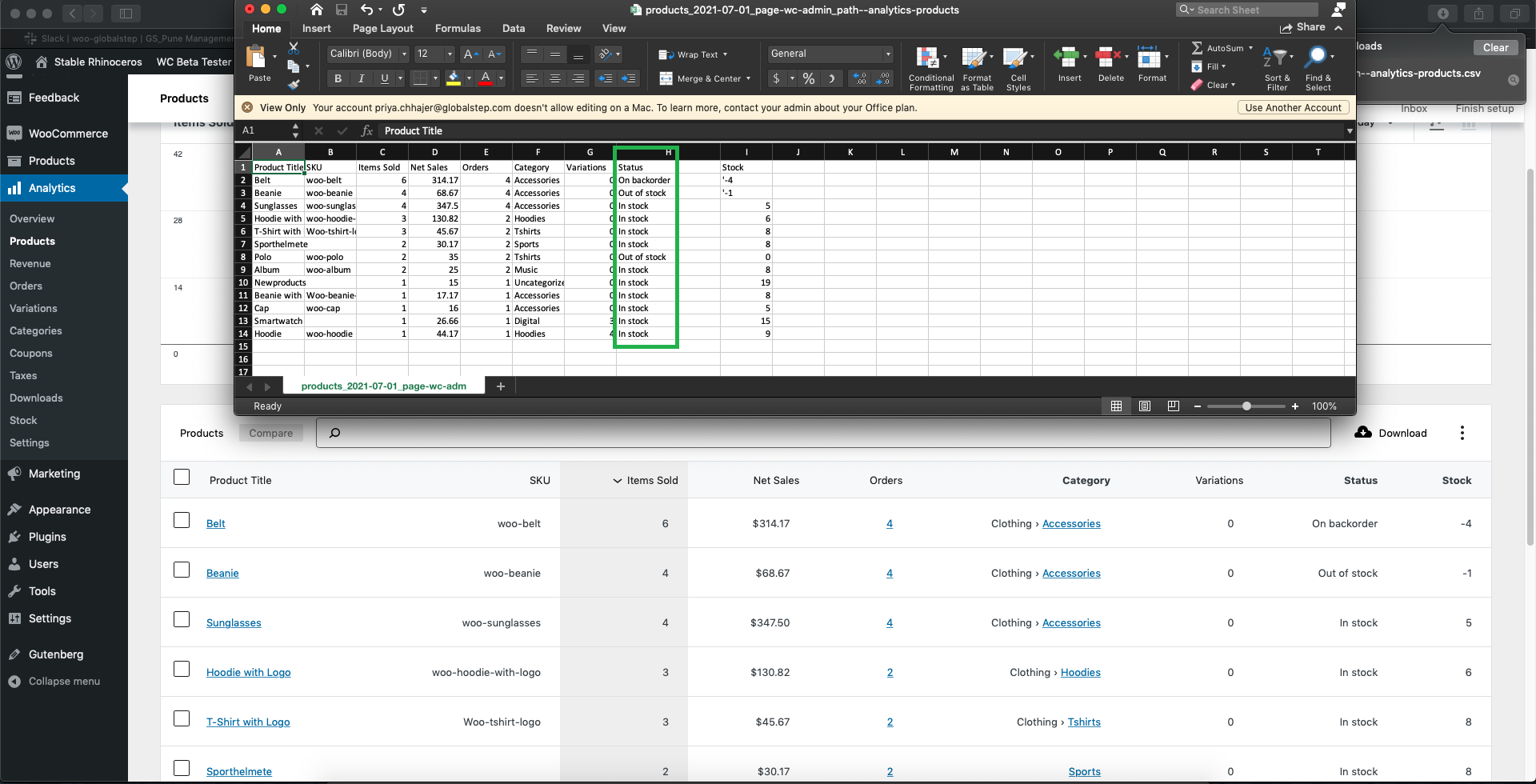 [GlobalStep] CSV downloaded from Analytics->Stocks screen has "Stock" status as single word ...