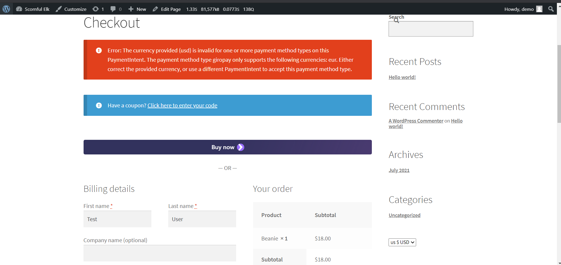 [GlobalStep] "Error: The currency provided (usd) is invalid" error is displayed on checkout page ...