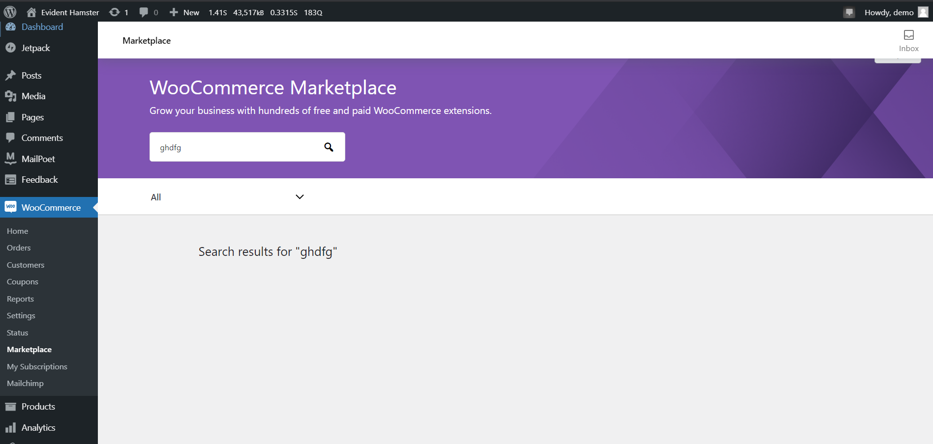 [GlobalStep] "No Results found" message fails to display on "WooCommerce-> Marketplace" screen ...