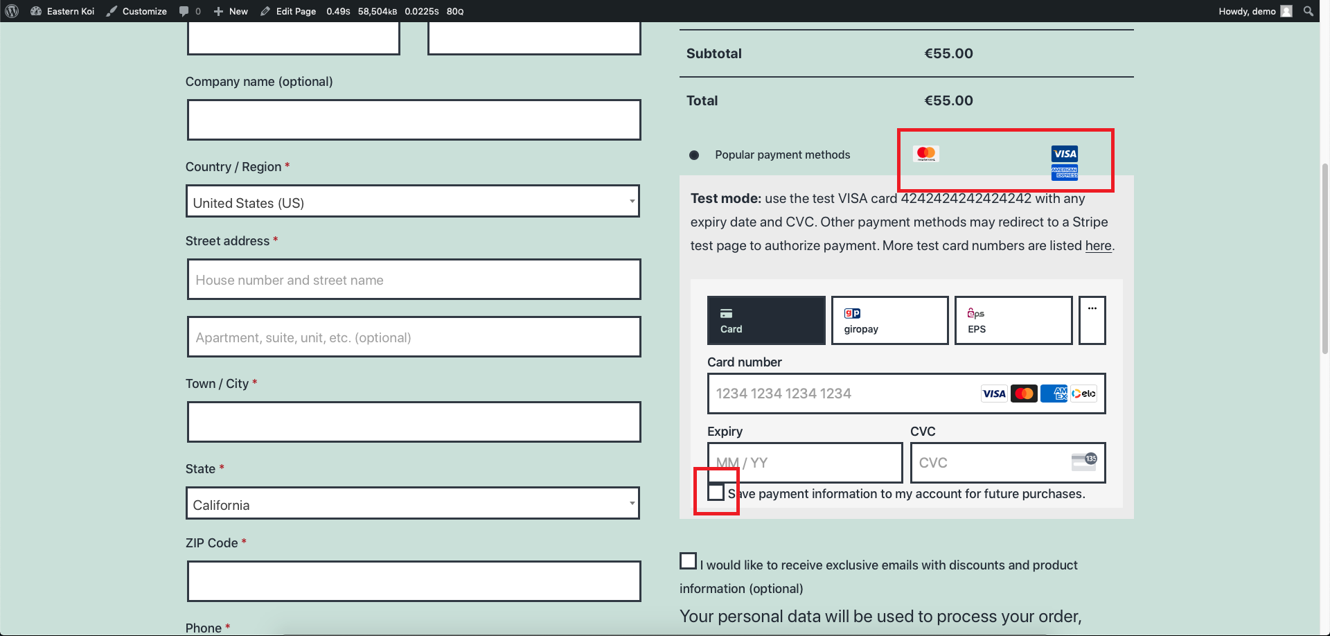 [GlobalStep] "Save payment information" checkbox overlaps with month/year expiry field on ...