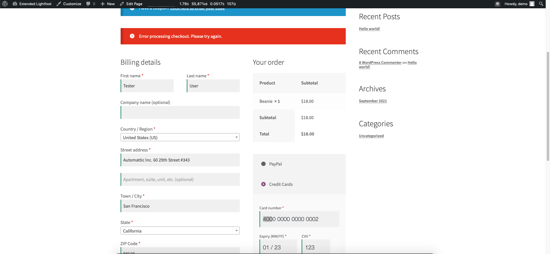 [GlobalStep] For "Visa" and "American Express" cards error displays saying "Error processing ...