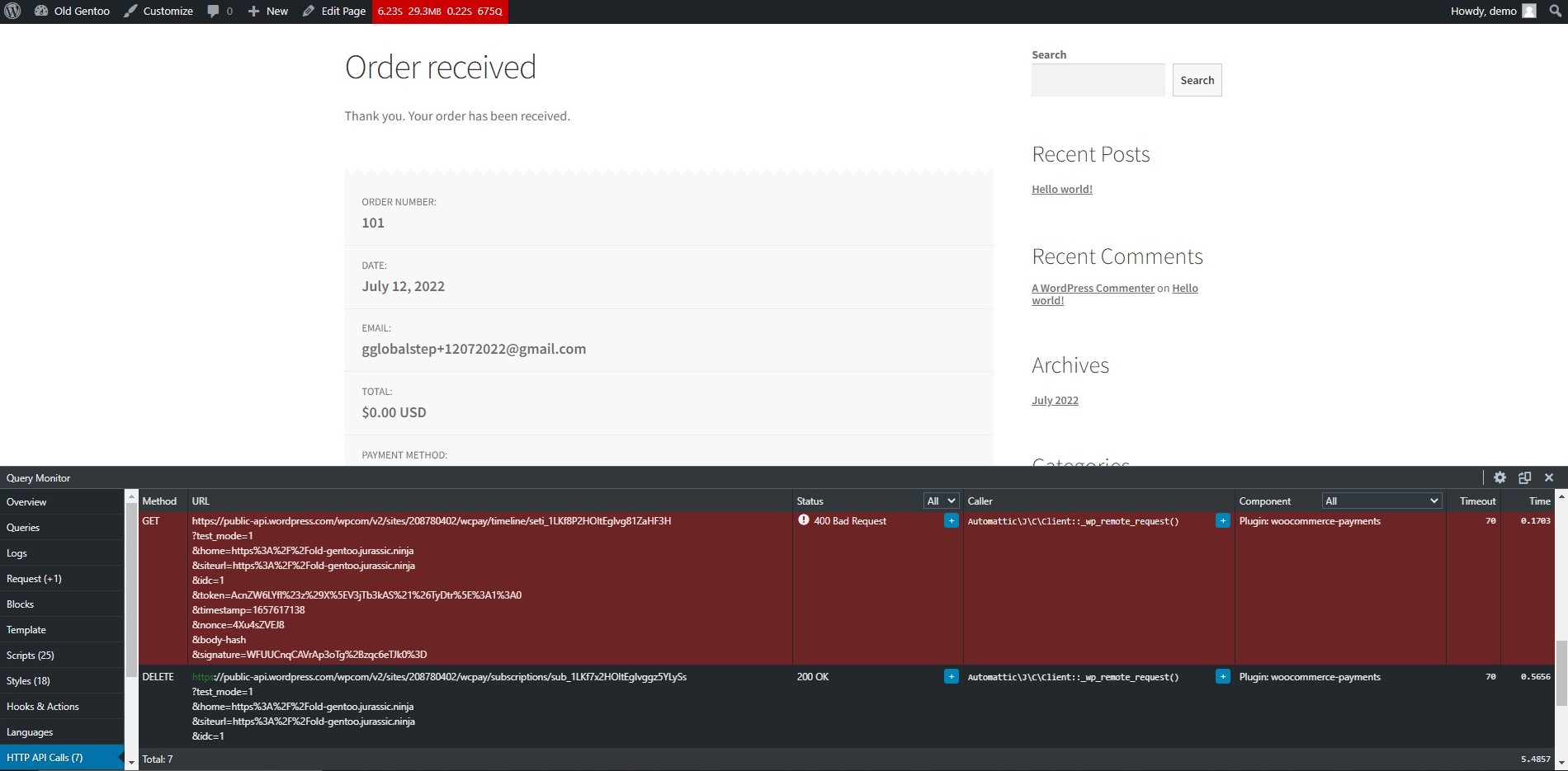 [GlobalStep] "400 Bad Request" error triggers at Query Monitor at "Order Recevied" page after ...