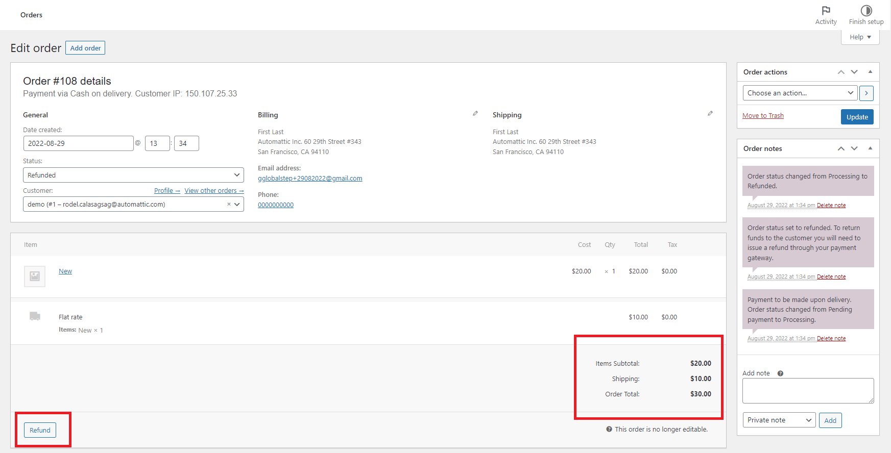 [COT] [GlobalStep] "Refunded" amount fails to deduct from total amount after clicking "Refund ...