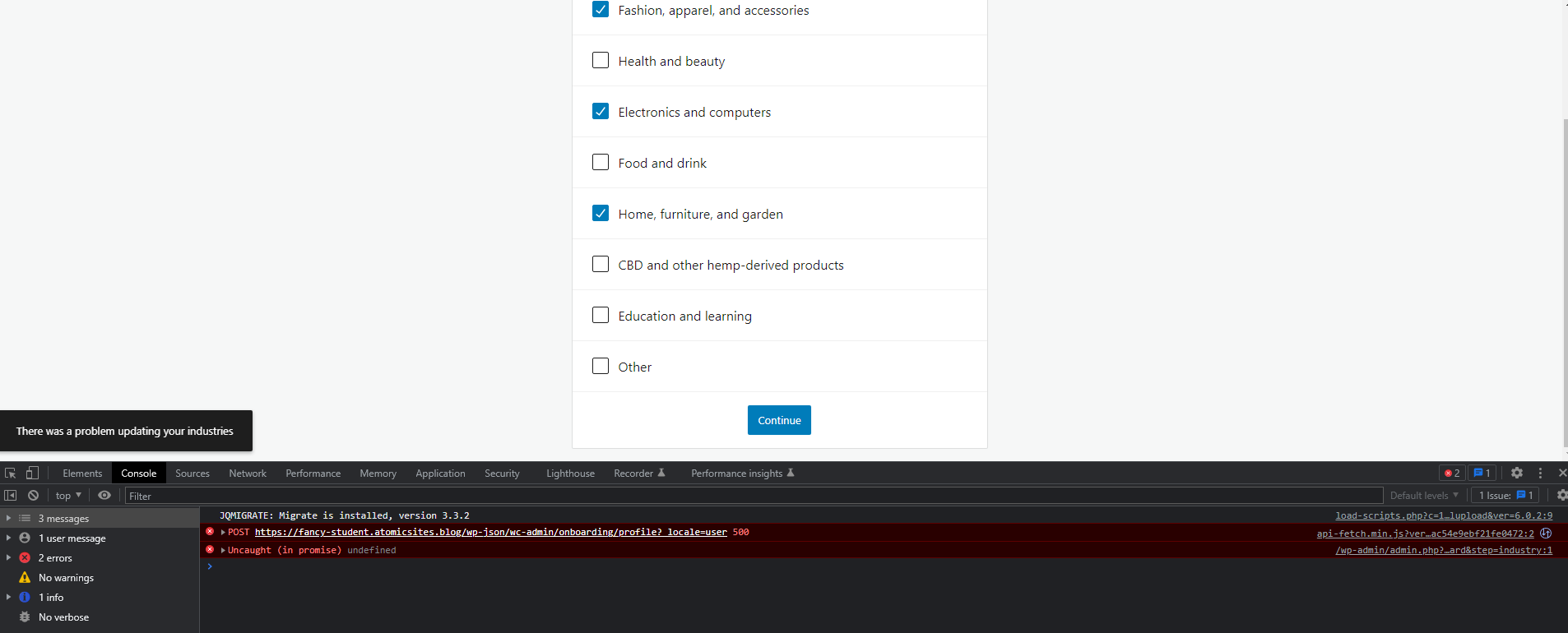 [GlobalStep] For Atomic site, "There was a problem updating your industries" notification ...