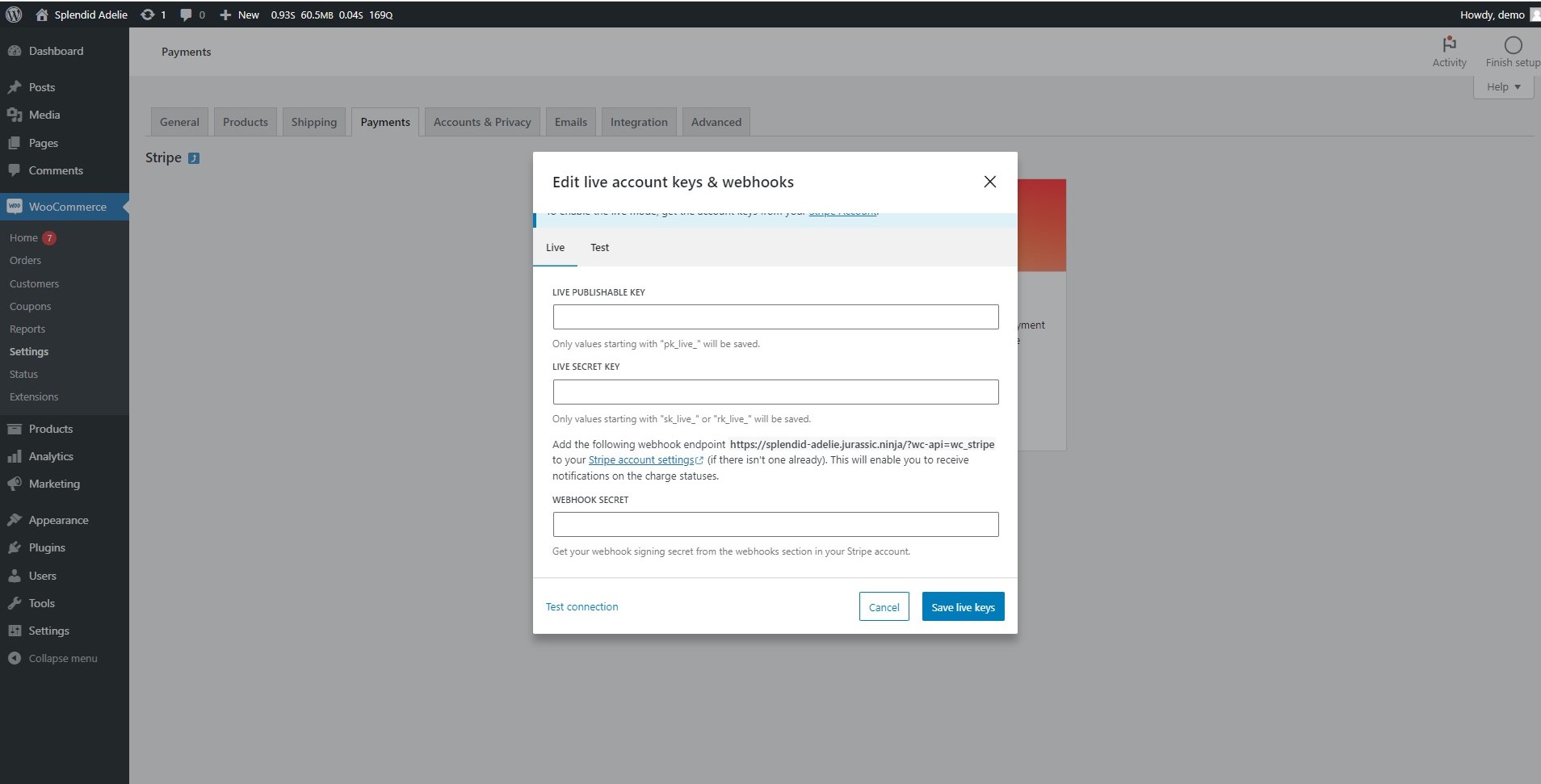 [GlobalStep] "To enable the live mode, get the account keys from your Stripe Account." notice ...