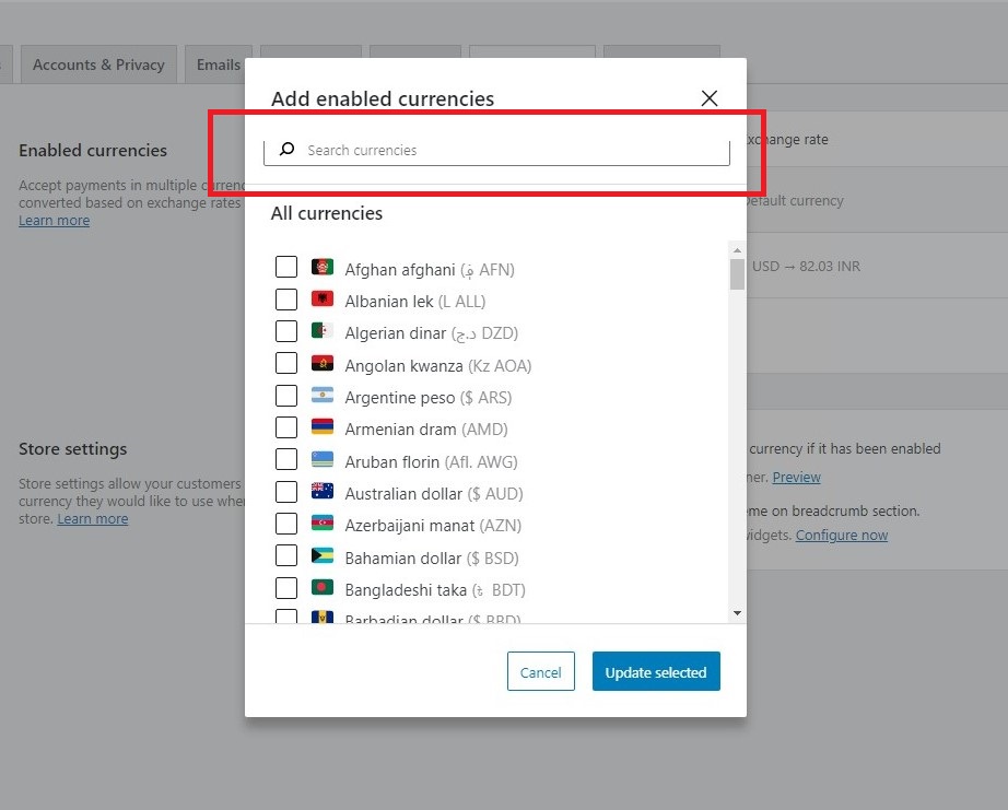 [GlobalStep] "Search currencies" box is cropped in "Add enabled currencies" modal box on ...