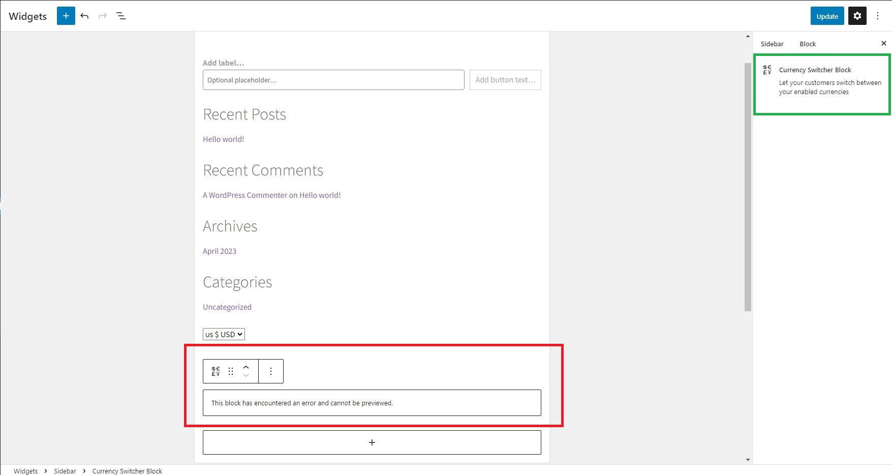 [GlobalStep] "This block has encountered an error and cannot be previewed." message displayed ...