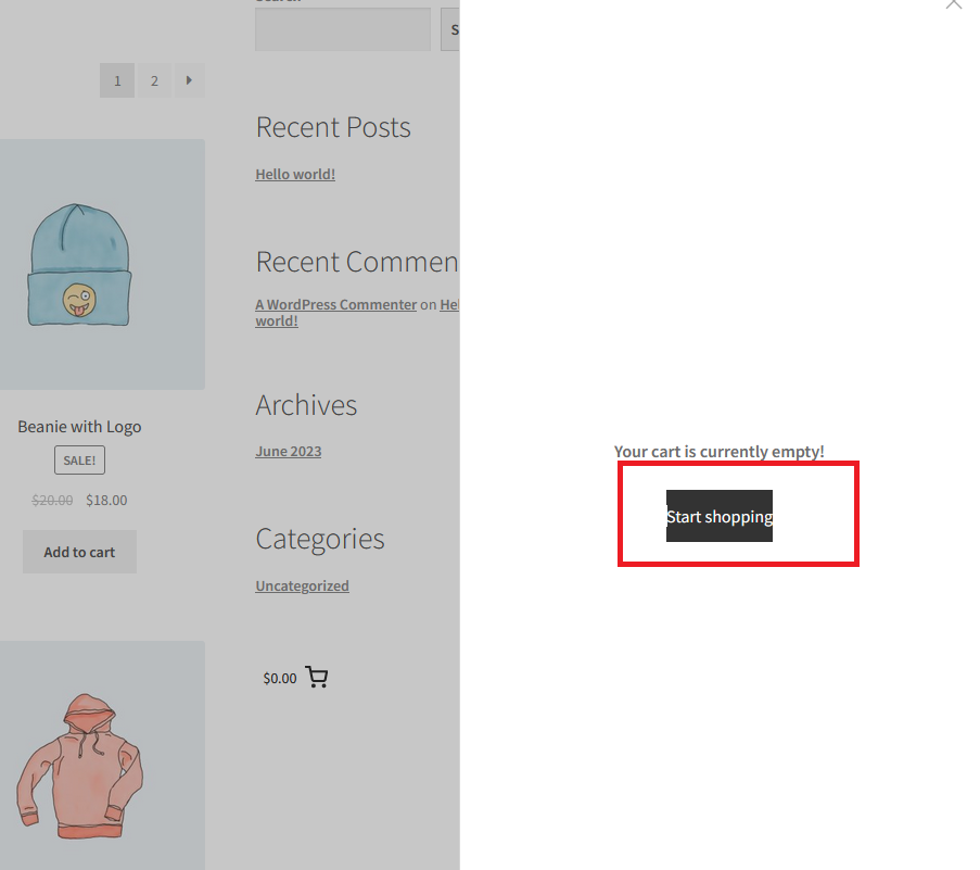 [GlobalStep] For Storefront theme, "Start shopping" button padding is inconsistent on Mini cart ...