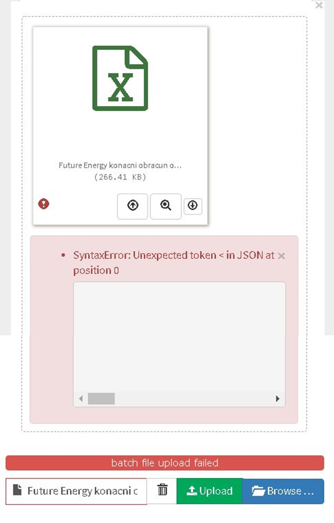 Single excel file upload gives error "SyntaxError: Unexpected token