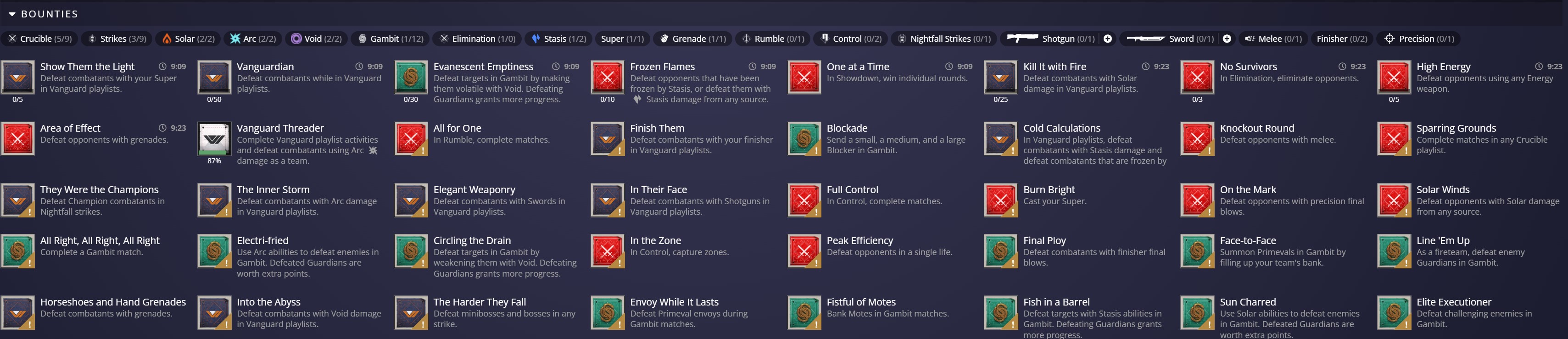 Separate Out Completed Bounties Group By Vanguardcruciblegambit And Show A Count In The